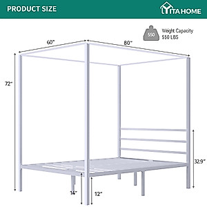 YITAHOME Canopy Bed Frame Metal Four Posters 14 Inch Platform with Built-in Headboard Strong Metal Slat Mattress Support, No Box Spring Needed, White, Queen Size