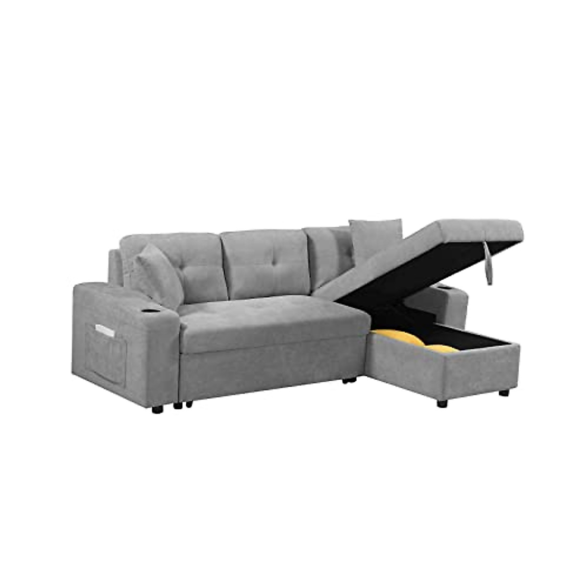 Cotoala L-Shape Sectional Sofa with Pull-Out Bed and Storage Space, Right Chaise Longue Convertible Sleeper Couch w/ 2 Cup Holders & Side Pockets, for Living Room, Apartment, 92", Gray