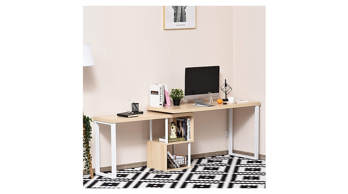 HOMCOM 55" Rotating Corner Desk with Storage Shelves - Space-Saving