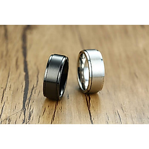 MZZJ Personalized Inside Her Weirdo & His Crazy Couple Ring Set 8MM Black Brushed Stainless Steel Step Edges Fidget Spinner Engagement Ring Wedding Bands