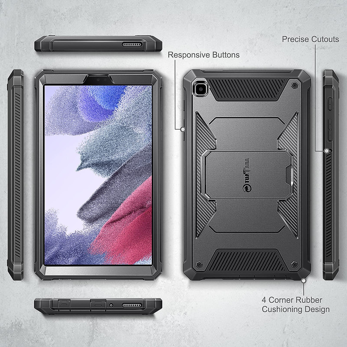 Fintie Shockproof Case for Samsung Galaxy Tab A7 Lite 8.7 Inch 2021 Model (SM-T220/T225/T227), Tuatara Rugged Unibody Hybrid Full Protective Bumper Kickstand Cover w/Built-in Screen Protector, Black