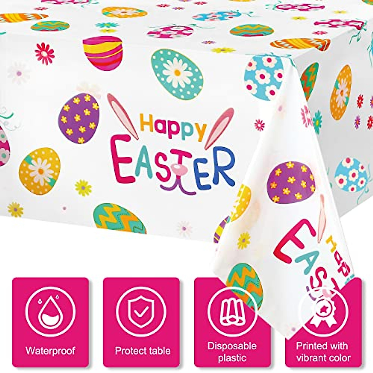 Easter Tablecloth Plastic Easter Egg Bunny Table Cover Colorful Egg with Happy Easter Bunny Tablecloth for Easter Spring Flower Themed Party Kitchen Dining Room Home Decor, 54 x 108 Inch (3)