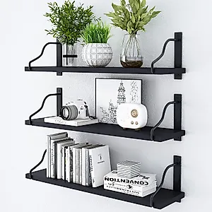 Inforth Wall Shelves, Wood Wall Mounted Shelves for Wall Storage, Floating Shelves for Wall Display with Metal Bracket, Hanging Shelves for Bedroom Kitchen Living Room (Black, 17 Inches)