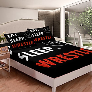 Wrestling Sports Bedding Set Twin Size,Eat Sleep Wrestle Themed Fitted Sheet for Kids Boys Bedroom,Wrestle Rodeo Black Red Microfiber Soft Bed Cover,1 Pillow Case
