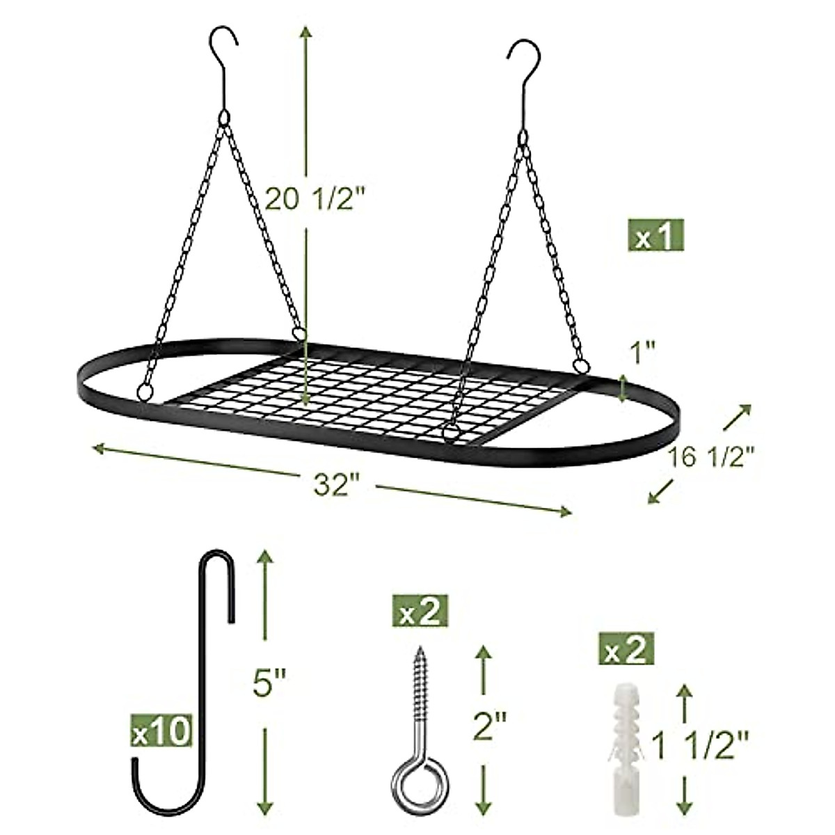 X Home 32-Inch Hanging Pot Racks for Kitchen Ceiling with 10 Removable Hooks, for Kitchen Storage & Organization, Ceiling Mounted, Black
