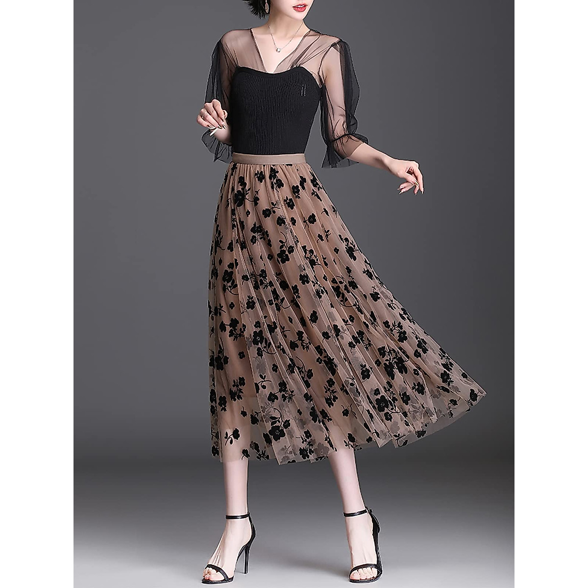 Reaowazo Skirts for Women Midi Long Length Dressy Casual Trendy Summer Tulle A-Line Floral High Waist Skirt Khaki 2XL-3XL