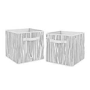 Sweet Jojo Designs Grey White Woodland Foldable Fabric Storage Cube Bins Boxes Organizer Toys Kids Baby Childrens - Set of 2 - Wood Grain for the Rustic Patch, Woodland Animals, and Woodsy Collections