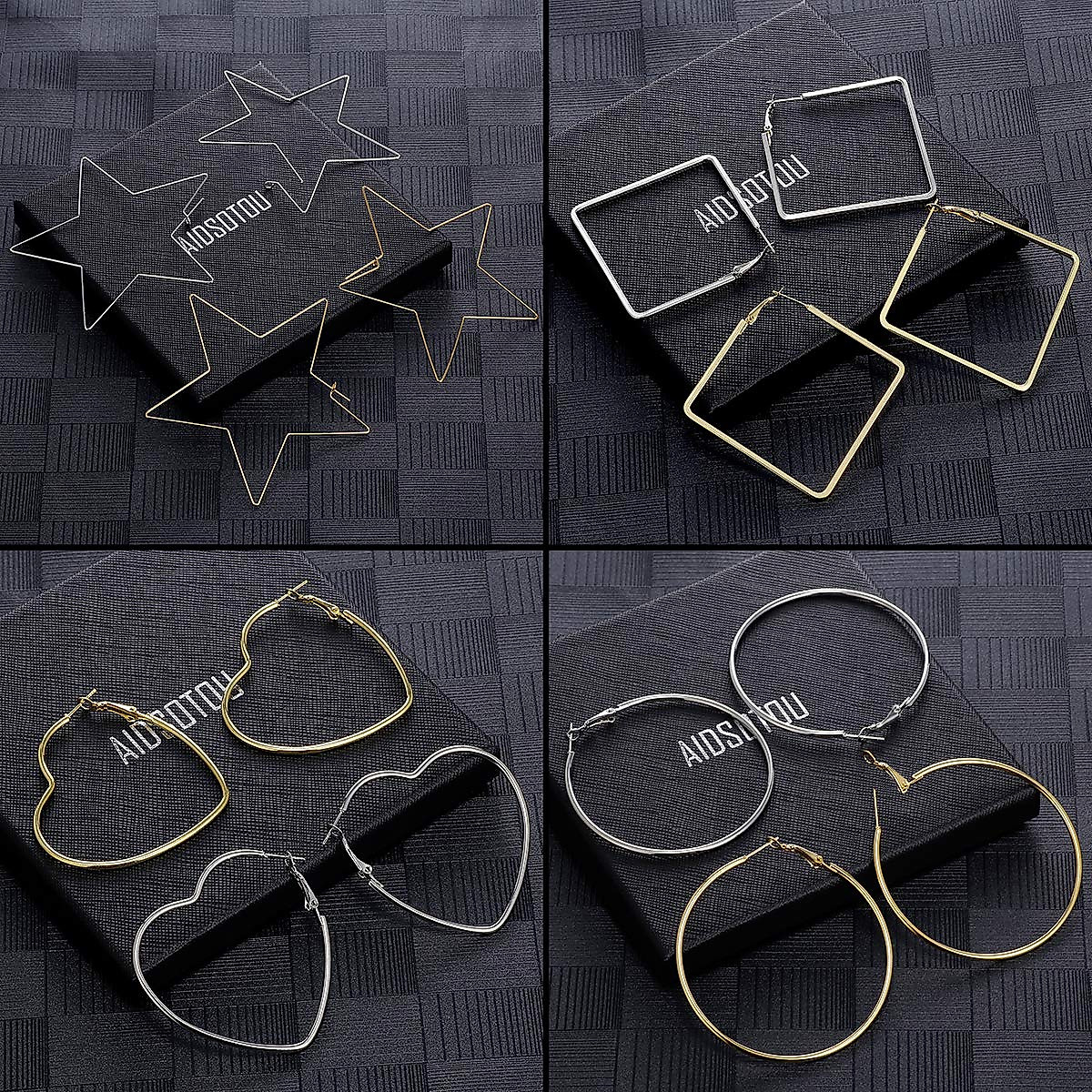 AIDSOTOU 10 Pairs Geometric Big Hoop Earrings 50mm-60mm Large Stainless Steel Square Star Heart Shaped Hoop Earrings for Women (Gold Silver)
