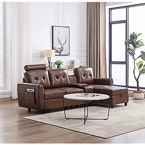 KINFFICT Modern PU Leather Sectional Sofa with Chaise, Comfy 3 Seat Sectional Couch with Storage, Cup Holders, and Comfy Headrest, L Shaped Couch Furniture Set for Living Room, Brown