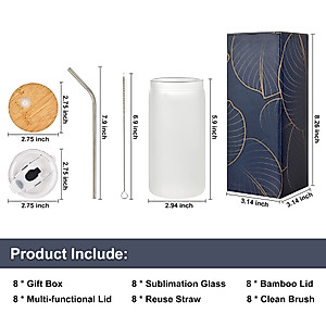 Laosh 8Pcs 16oz Frosted Sublimation Glass Blanks with Bamboo Lid and Plastic Lid, Sublimation Glass Cups Jar Tumbler Beer Can with Double Lid and Straw For Iced Coffee Juice Soda Drinks Beer