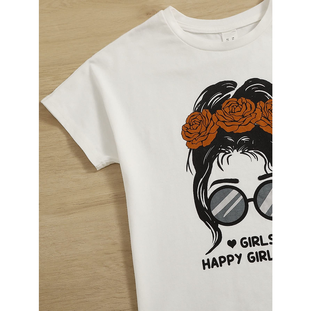 OYOANGLE Girl's 2 Piece Outfits Letter Graphic Floral Print Short Sleeve Blouse T Shirt Top and Belted Pants Sets Multicolor 11-12 Years