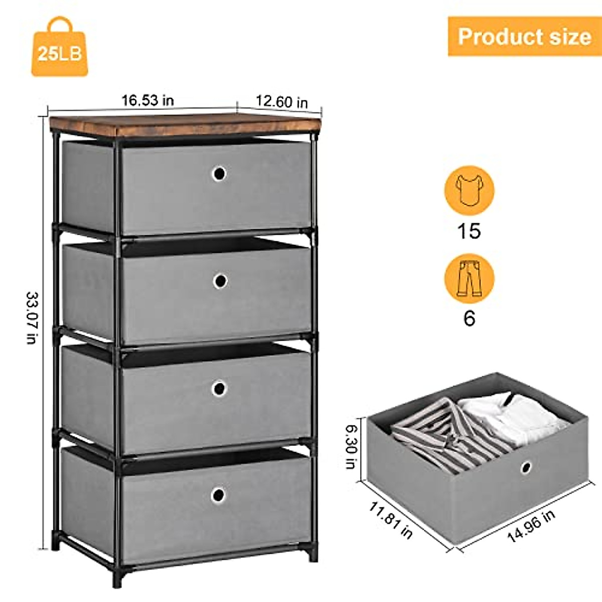 HAITRAL Drawer Clothes Organizer, Fabric Storage Chest - 4 Drawers Storage Organizer Unit for Closet, Easy Assembly Closet Dresser for Dorm, Bedroom, Hallway, Storage Bins (Gray)
