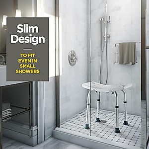 Shower Chair - with Back Scrubber & Additional Sponge - Tool Free Shower Chair for Elderly - with 8 Adjustable Heights - Portable Anti Slip Bath Chair for Elderly
