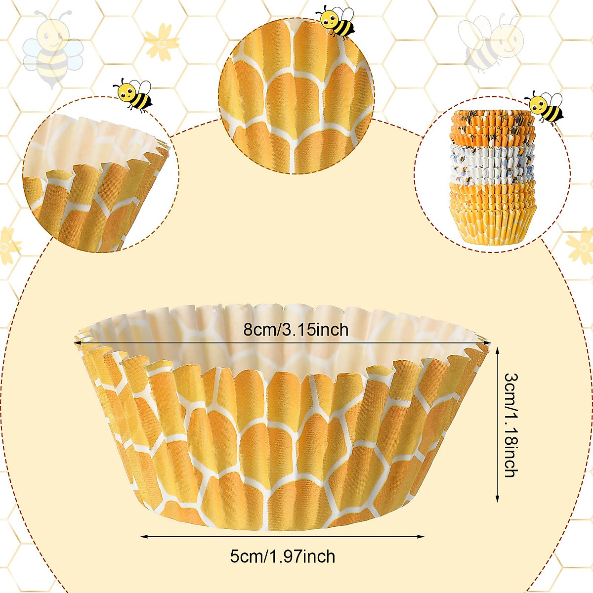 300 Count Honey Bee Cupcake Wrappers Bee Party Cupcake Cups Yellow Cupcake Liners for Bee Party Decorations Baby Shower Gender Reveal Party Wedding Birthday Supplies (Cute Style)