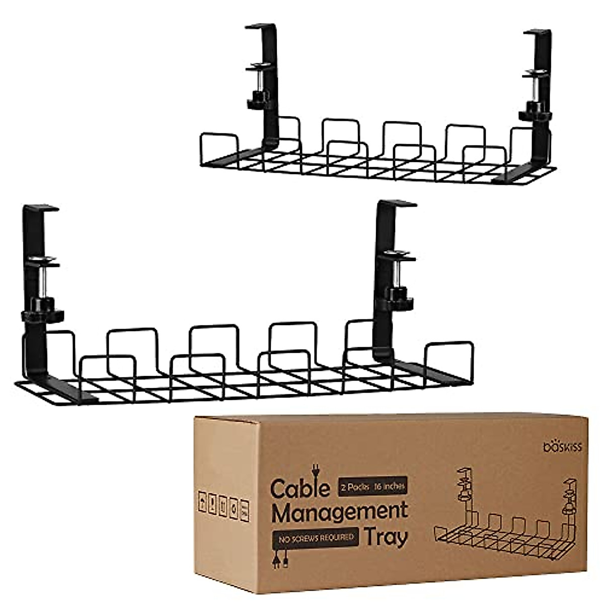 Baskiss Under Desk Cable Management Tray 2 Packs, 16" Under Desk Cord Organizer with Clamp Mount for Wire Management, Metal Wire Cable Holder for Desks, Offices and Kitchens, No Need to Drill Holes