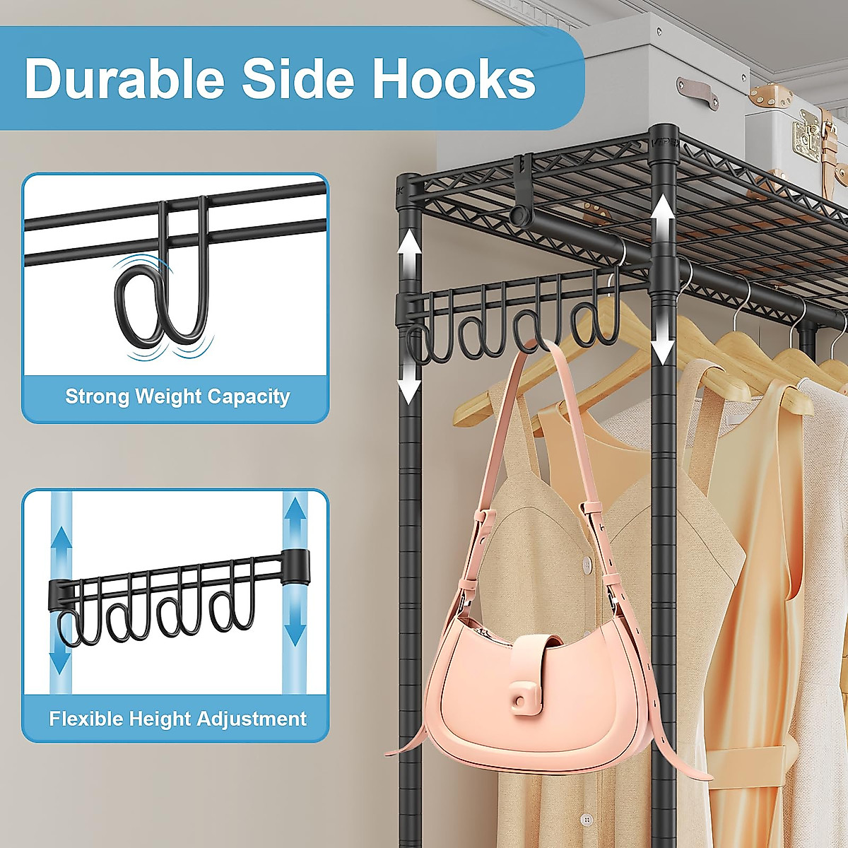 VIPEK R1 Medium Rolling Clothes Rack Portable Garment Rack for Hanging Clothes, 3 Wire Shelves Freestanding Heavy Duty Clothing Racks Storage Drying Rack with Wheels, Hanging Rod, Side Hooks, Black