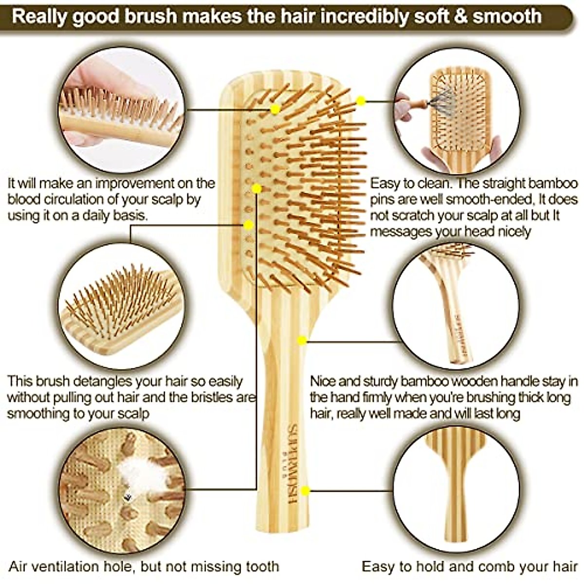 Bamboo Wood Hair Brush Large Paddle for Women, Natural Bamboo Wooden Bristles Scalp Massager, Flat Detangling Hairbrush Fit All Types Hair