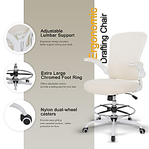 Drafting Chair Tall Office Chair, Standing Desk Chair 3.9'' Cushion, Ergonomic Mesh Computer Chair with Adjustable Foot Ring & Flip-Up Arm, Executive Rolling Swivel Stool for Office & Home. (Beige)