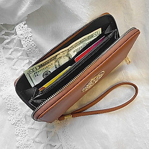 Rebecca & Rifka Women's Large Saffiano Vegan Leather Medallion Zip Around Multi Holder Organizer Wristlet Large Capacity Travel Clutch Wallet (Cognac)