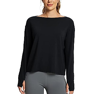baleaf Workout Shirts for Women Loose Fit Long Sleeve Tee Shirts Athletic Activewear Yoga Tops with Thumb Hole Black M