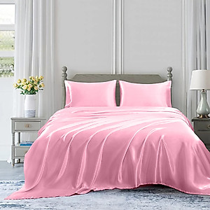 Homiest 4pcs Satin Sheets Set Luxury Silky Satin Bedding Set with Deep Pocket, 1 Fitted Sheet + 1 Flat Sheet + 2 Pillowcases (Queen Size, Pink)
