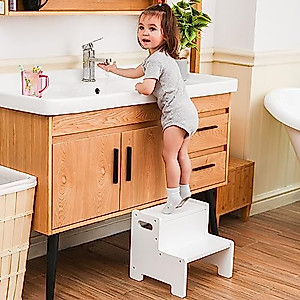 Wooden Step Stool,Two Step Stool for Kids/Adults,Supports 200 lbs Kids Toddler Stepping Stool Toilet/Kitchen/Bed Step Stool,White