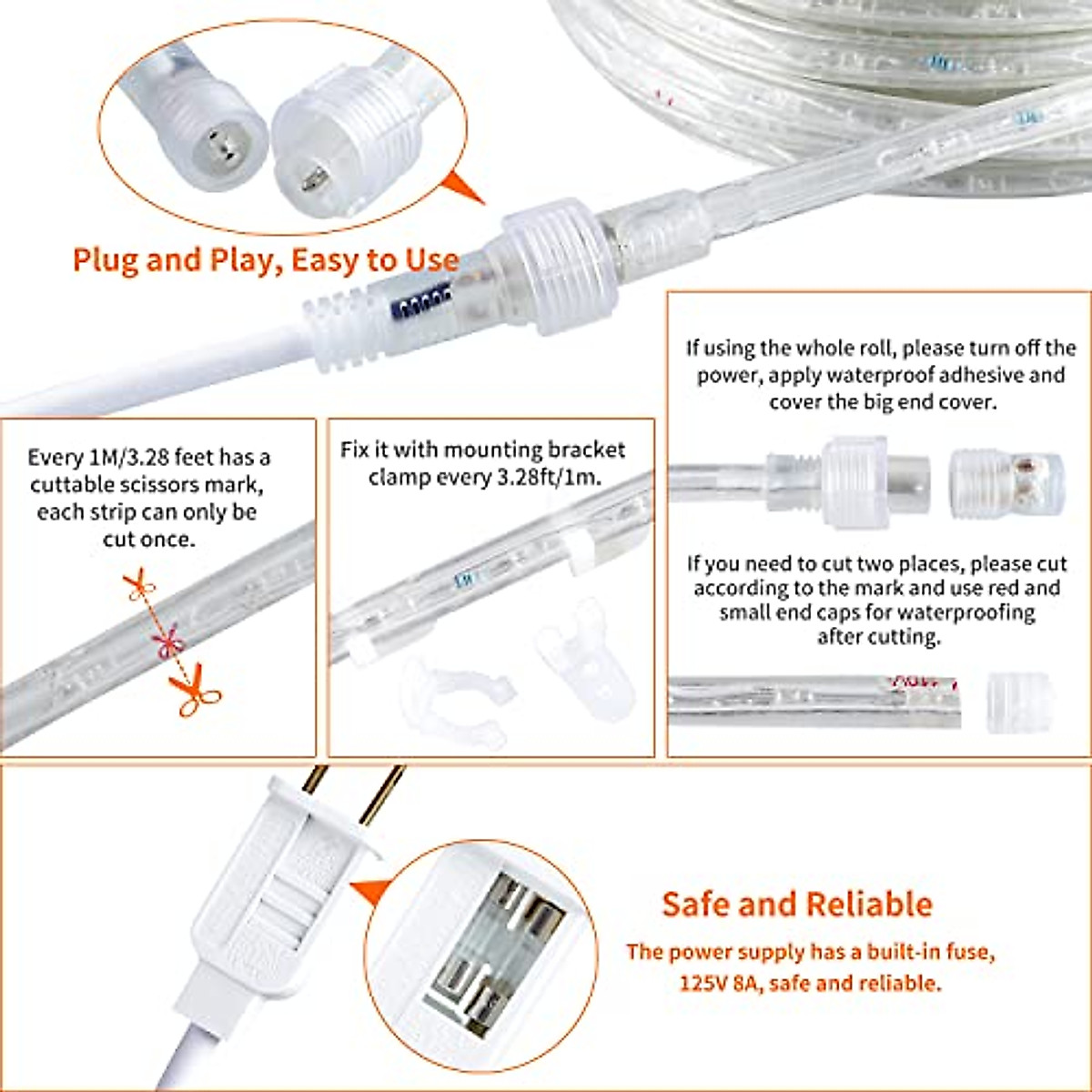 YQNLIFA Dimmable 80ft LED Rope Lights, 864 LEDs IP65 Waterproof Outdoor Indoor Linkable Cuttable Rope Light, 110V 6000K Daylight White Rope Light for Patio Garden Corridor Home Party Décor