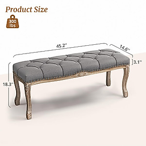 Cozyman Bedroom Bench, French Vintage Tufted Entryway Bench, 45.2" Carving Upholstered End of Bed Bench with Distressed Wood Legs, Linen Ottoman Bench Seat for Living Room, Foyer, Dining Room, Gray
