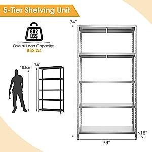 Tangkula Garage Storage Shelves for Free Combination, 5-Tier Heavy Duty Metal Shelving Unit, Multipurpose Organizing Rack for Basement Warehouse Garage, Simple Assembly, 39 x 16 x 74 Inch (1, Silver)