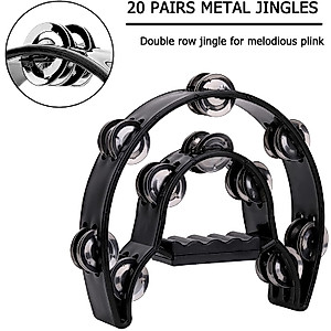 2Pack 10" Double Row Tambourine for Adult, Half Moon Musical Tambourine 20 Metal Jingles Hand Held Percussion Drum, Plastic Musical Percussion Tambourines for Adults, Church, KTV, Party, Black & White