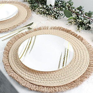 TABLECLOTHSFACTORY 4 Pack | 15" Round Natural Rustic Burlap Jute Placemats Fringed Edges, Farmhouse Placemats with Trim