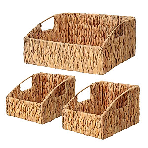 Ollieroo Natural Water Hyacinth Storage Baskets, Handwoven Wicker Storage Bins with Built-in Handles, Storage Container Baskets for Shelves, Bedroom, Bathroom, Laundry Room or Kitchen(Set of 3)