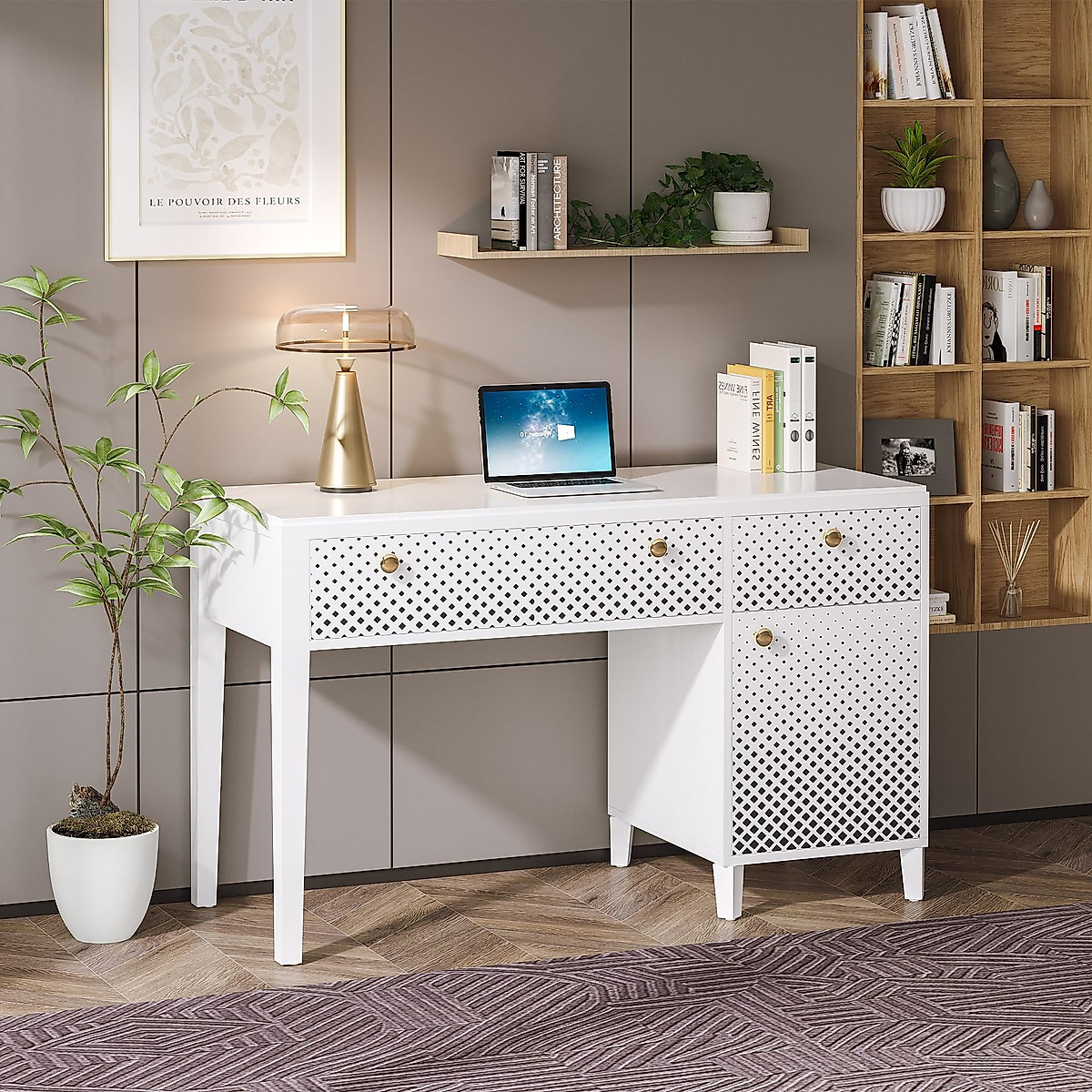 Tribesigns Computer Desk with Drawers, 47 Inches Home Office Desk with Storage Cabinet, Modern Study Writing Desk Makeup Vanity Table for Bedroom, White