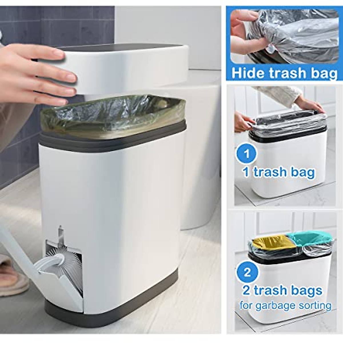 COMODID 3.7 Gallons Bathroom Trash Can with Toilet Brush Holder 14 Liter White Plastic Garbage Can with Black Locking Press Top Lid | Dogproof Slim Rectangular Trash Bin for Toilet, Black lid