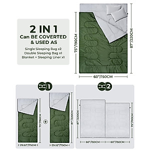 Ohuhu Double Sleeping Bag with 2 Pillows, Waterproof Lightweight 2 Person Adults Sleeping Bag for Camping, Backpacking, Hiking, with Carrying Bag (Green)