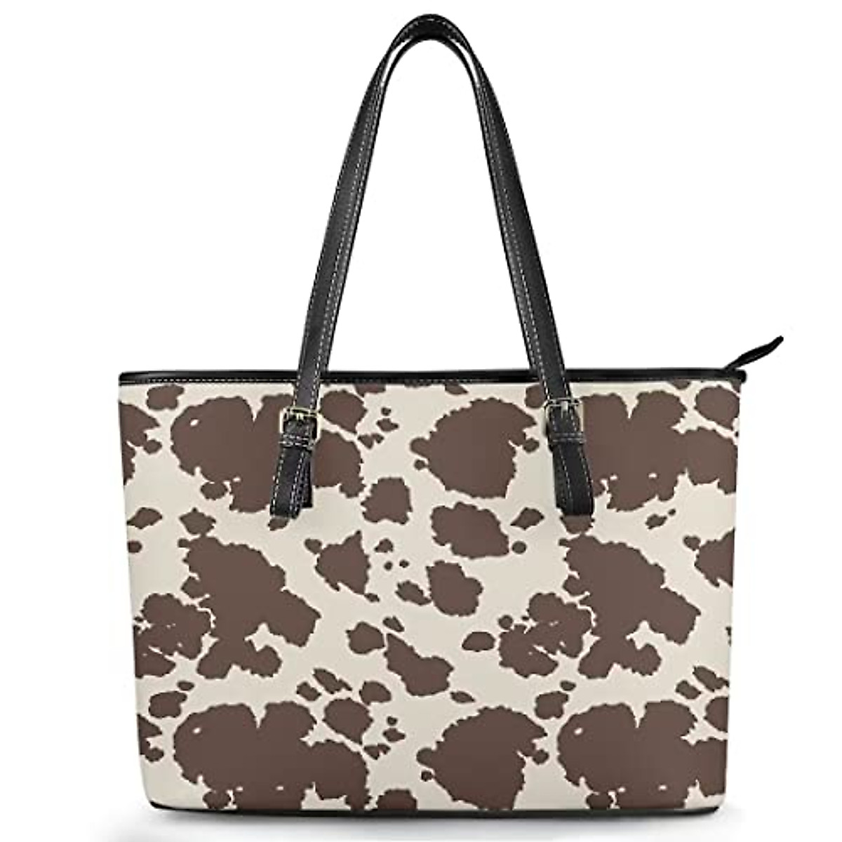 Poetesant Brown Cow Print Handbag for Women Cow Print Tote Bags Color Block Top-Handle Large Purses Casual Leather Shoulder Bags for Business