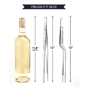 12-inch Cooking Tweezer and Offset Tweezer Set, Tongs Precision Serrated Tips, Stainless Steel Professional Chef Tweezer Kitchen Tools for BBQ, Plating and Serving