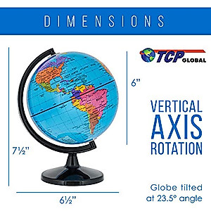 TCP Global 6" Blue Ocean World Globe with Black Base - Compact Mini Political Globe, Vertical Axis Rotation - Fun, Educational, Learn Earth Geography - School, Home Office, Shelf Desktop Display