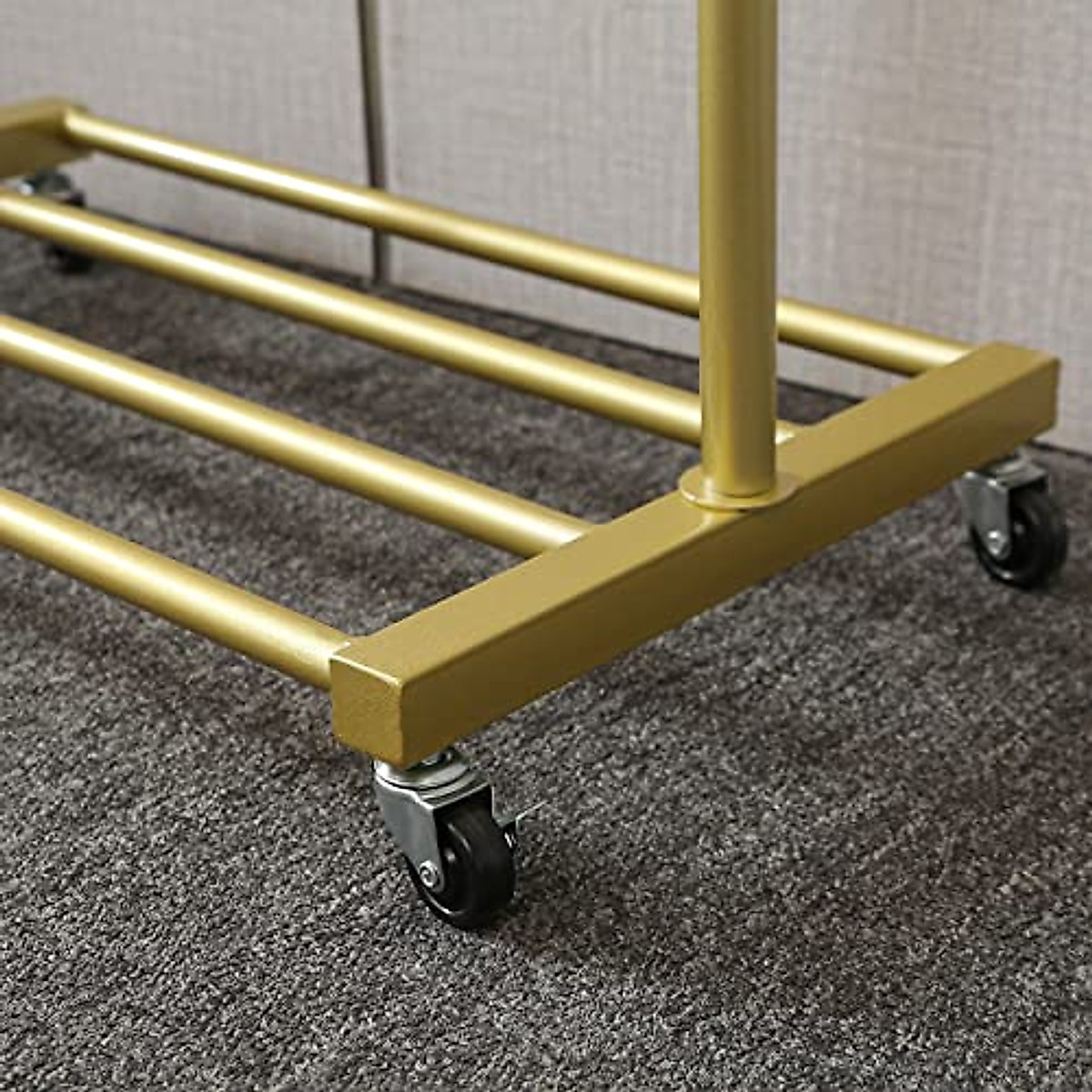 FJANKUI Clothing Garment Rack with Lockable Wheels, 3-in-1 Rolling Clothes Rack for Hanging Clothes, 5 Side Hooks and Bottom Shelves Organizing Clothes,Shoes,bags,hats(31.5in gold)