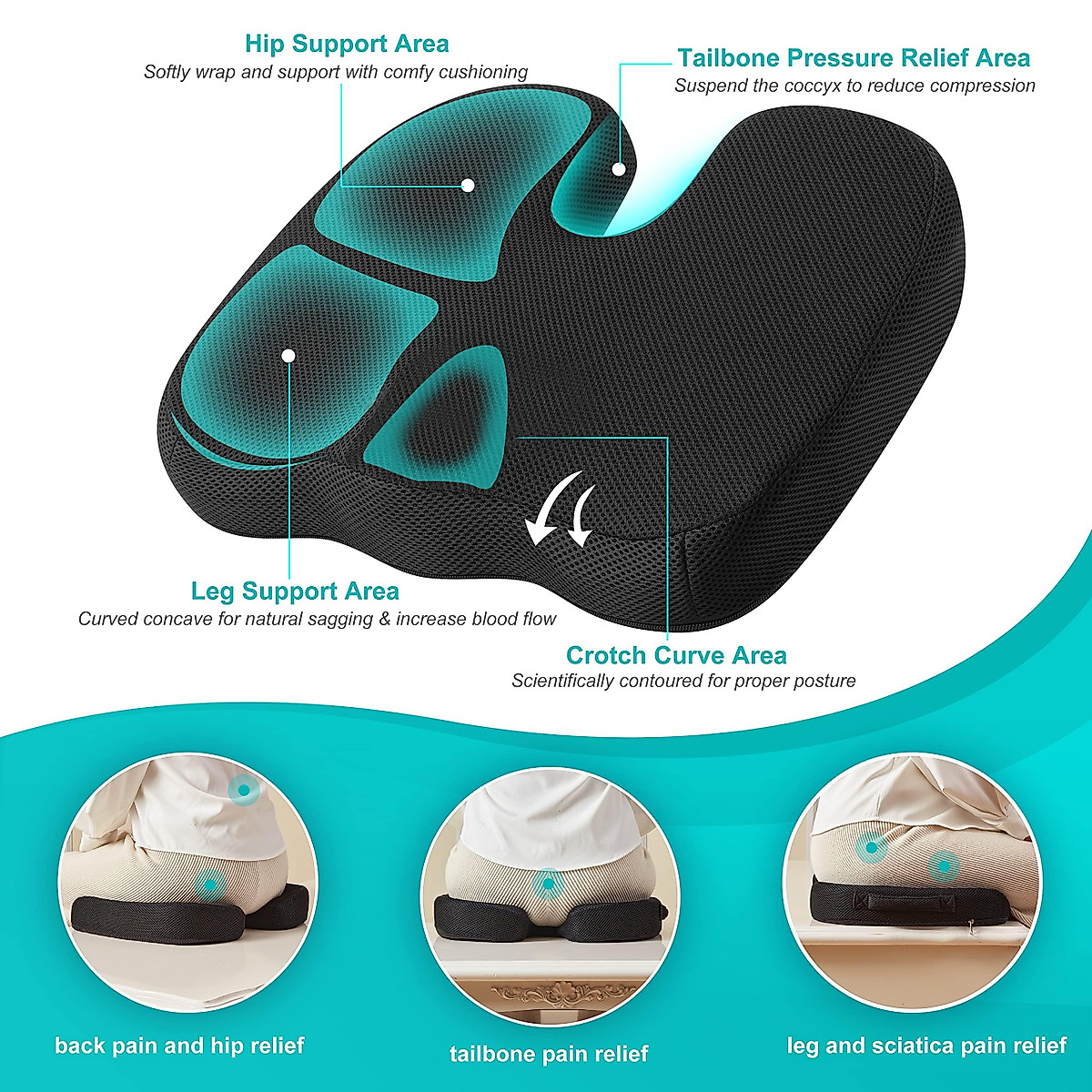 VIGBOAT Seat Cushion, Office Chair Cushions for Long Sitting, Memory Foam Butt Pillow with Handle, Ergonomic Coccyx, Sciatica, Hip, Back, Tailbone Pain Relief Pad for Desk Chair, Wheelchair, Car Seat