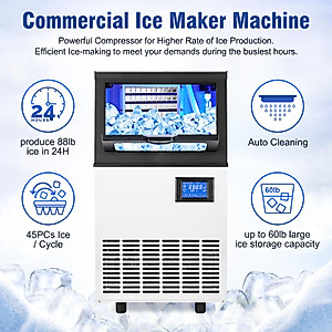Commercial Ice Maker Machine, Freestanding/Under Counter Stainless Steel Ice Machine, 80Lbs/24 Hour with 24Lbs Ice Storage Capacity, Self Cleaning, Ideal for Restaurant/Bar/Cafe/Shop/Home/Office