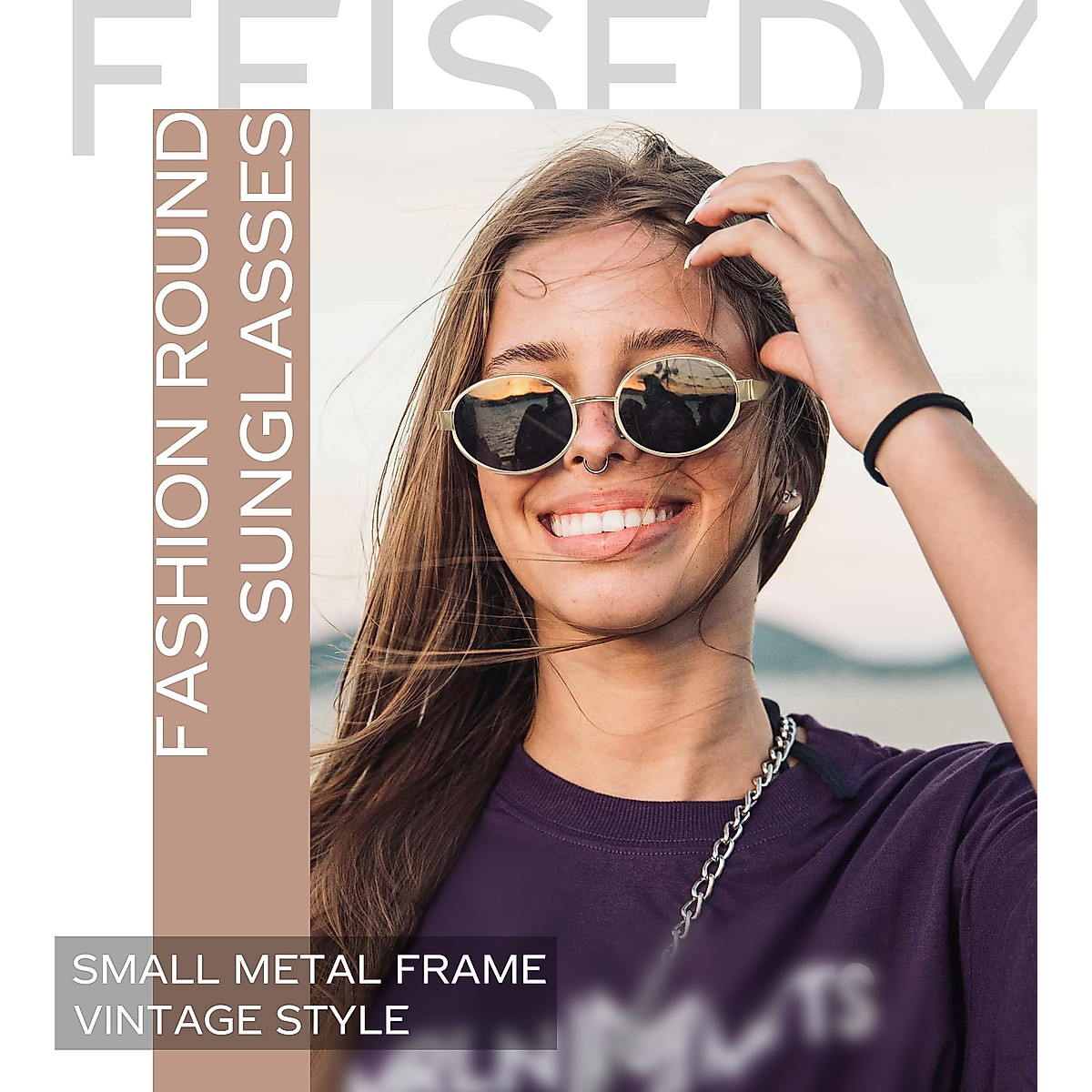 FEISEDY Trendy Retro Oval Sunglasses for Women Men Small Metal Frame Sun Glasses UV400 Shades B0124