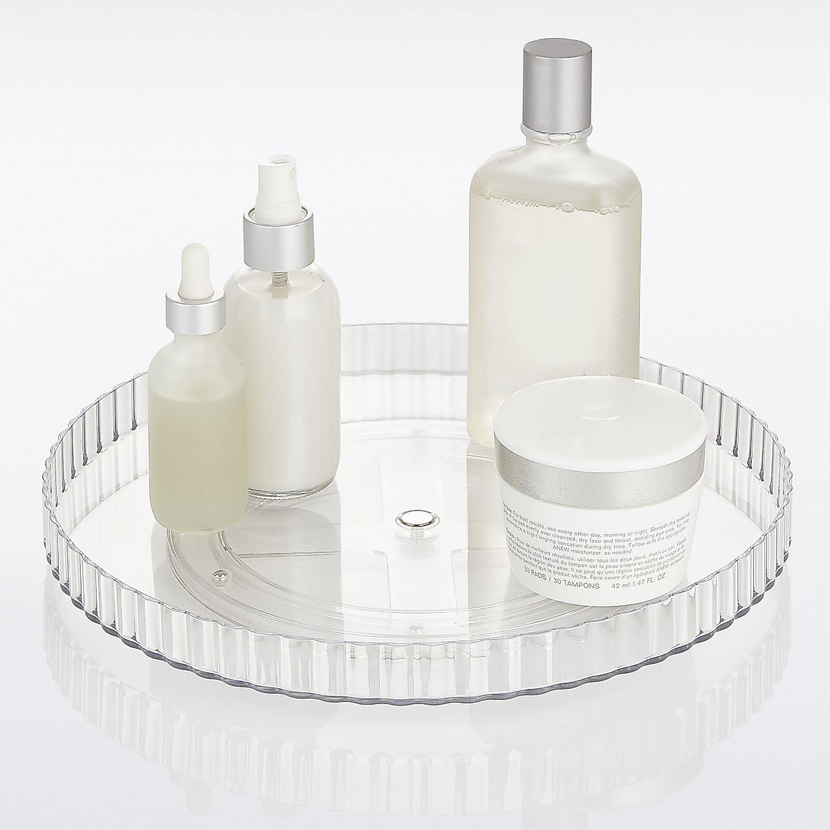 mDesign Plastic Stackable Bin with Handles and 11.5" Round Fluted Lazy Susan Turntable Plastic Spinner Combo Set for Organization in Bathroom, Closet, Cabinet, or Vanity Countertop - Set of 2 - Clear