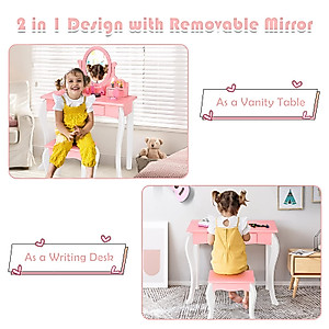 HONEY JOY Kids Vanity and Stool Set, Toddlers Pretend Play Vanity Set with 3 Drawers, 360° Rotating Oval Mirror, Wooden Girls Makeup Dressing Table for Bedroom Playroom, Gift for Little Girls (Pink)