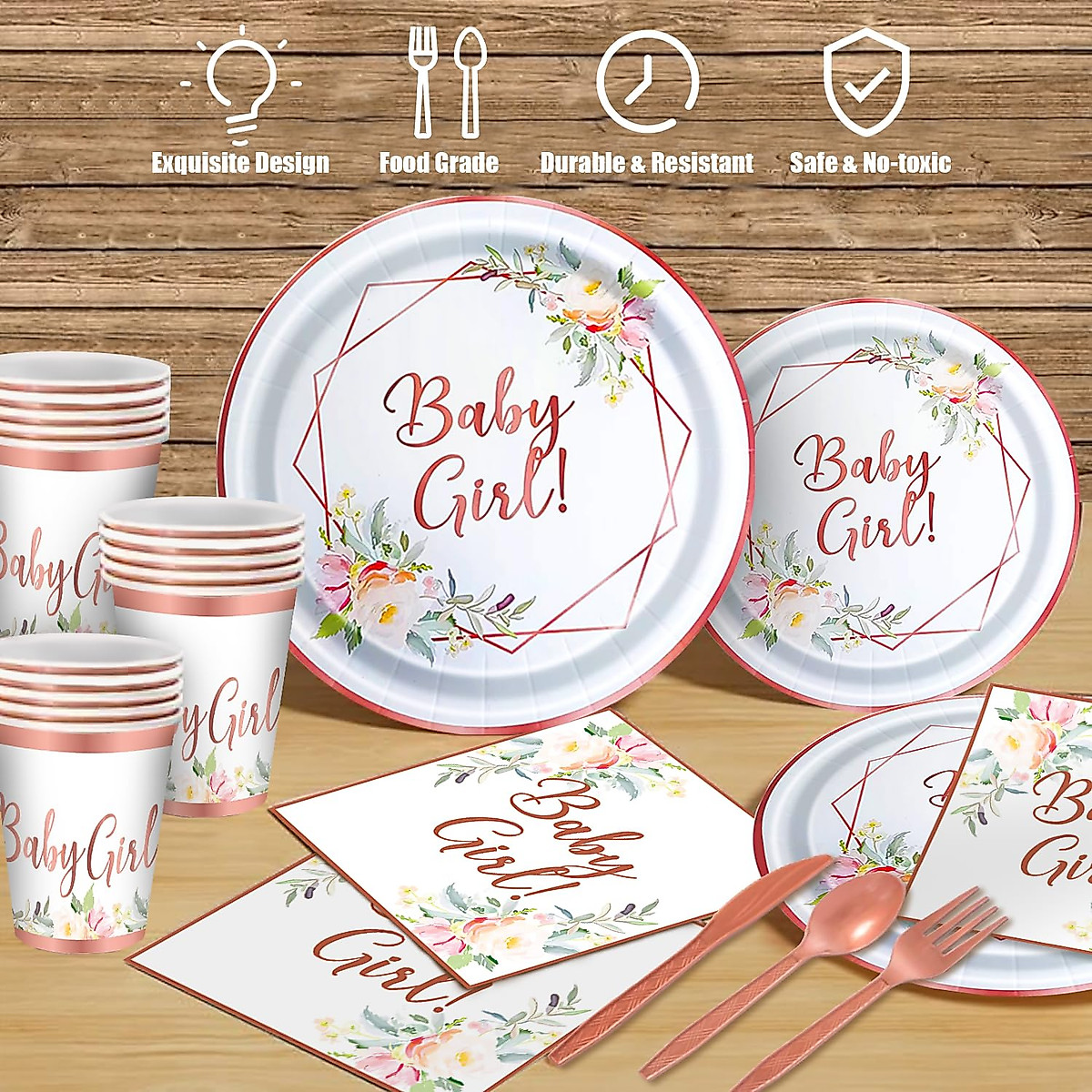 Baby Shower Decorations for Girl, 247PCS Floral Girl Baby Shower Decorations Party Supplies with Background, Disposable Tableware (24 Guests), "It's A Girl" Banner, Butterfly Balloon Kit &Tablecloth