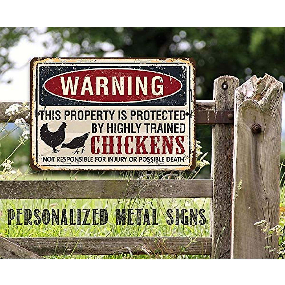 Chicken Signs for Coop Funny Outdoor - Property Protected by Chickens Funny Chicken Coop Sign - Chicken Accessories Indoor/Outdoor Chicken on Coop - Vintage Kitchen Decor Gifts for Chicken Owners