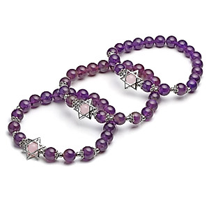 Jovivi 2pcs Natural Semi Precious Gemstone Amethyst Rose Quartz Crystal Bracelets Set Handmade Healing Stone Beads Beaded Stretch Bracelet for Women