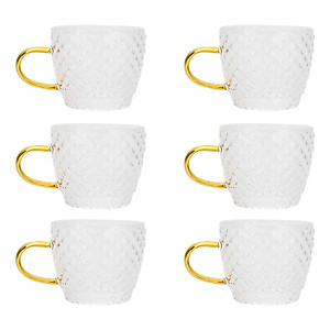 Vintage Coffee Mugs Set of 6, Embossed Glass Cups with Handle High Borosilicate Glass Mug Glass Tea Cups Cereal Cup Glass Mugs Clear Cups for Latte, Cereal, Yogurt, Tea, Milk, Hot or Cold Beverages