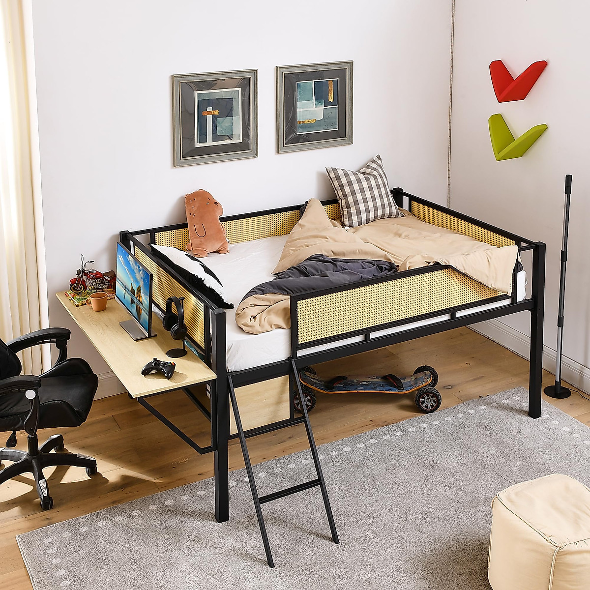 XD Designs Full Size Gaming Mid Loft Bed with Rectangular Desk and Vented Mesh Underbed Storage, Metal Low Loft Bed Frame with Safety Guard and Ladder for Kids Teens Boys Girls (Black+Natural, Full)