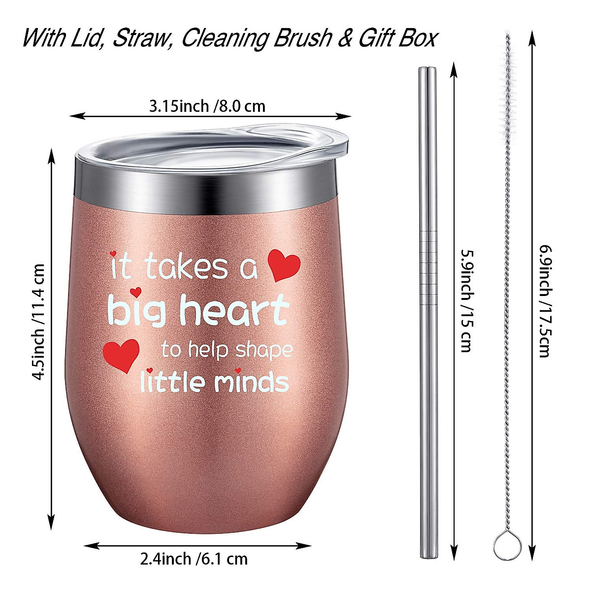 2 Pack Funny Teacher Appreciation Present, It Takes a Big Heart to Shape Little Minds, 12oz Double Wall Vacuum Teacher Cup with Lid Straw, Wine Glasses Tumbler with Pretty Box for Teacher (Rose Gold)